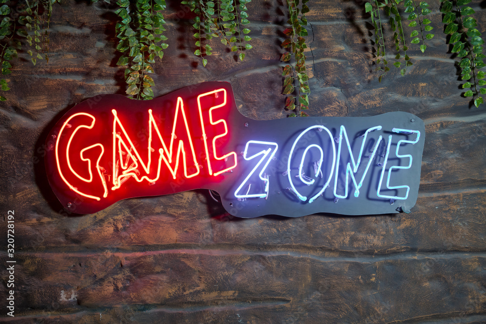 Retro video games zone, player room glowing emblems, night light labels ...