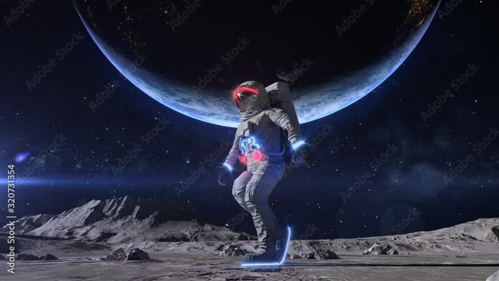 Funny Dancing Astronaut With Neon Light Spacesuit On The Moon. Moonwalk ...