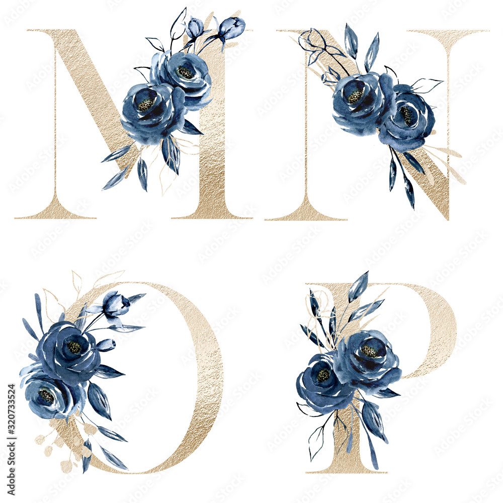 Gold alphabet, set letters with watercolor blue flowers roses and leaf ...