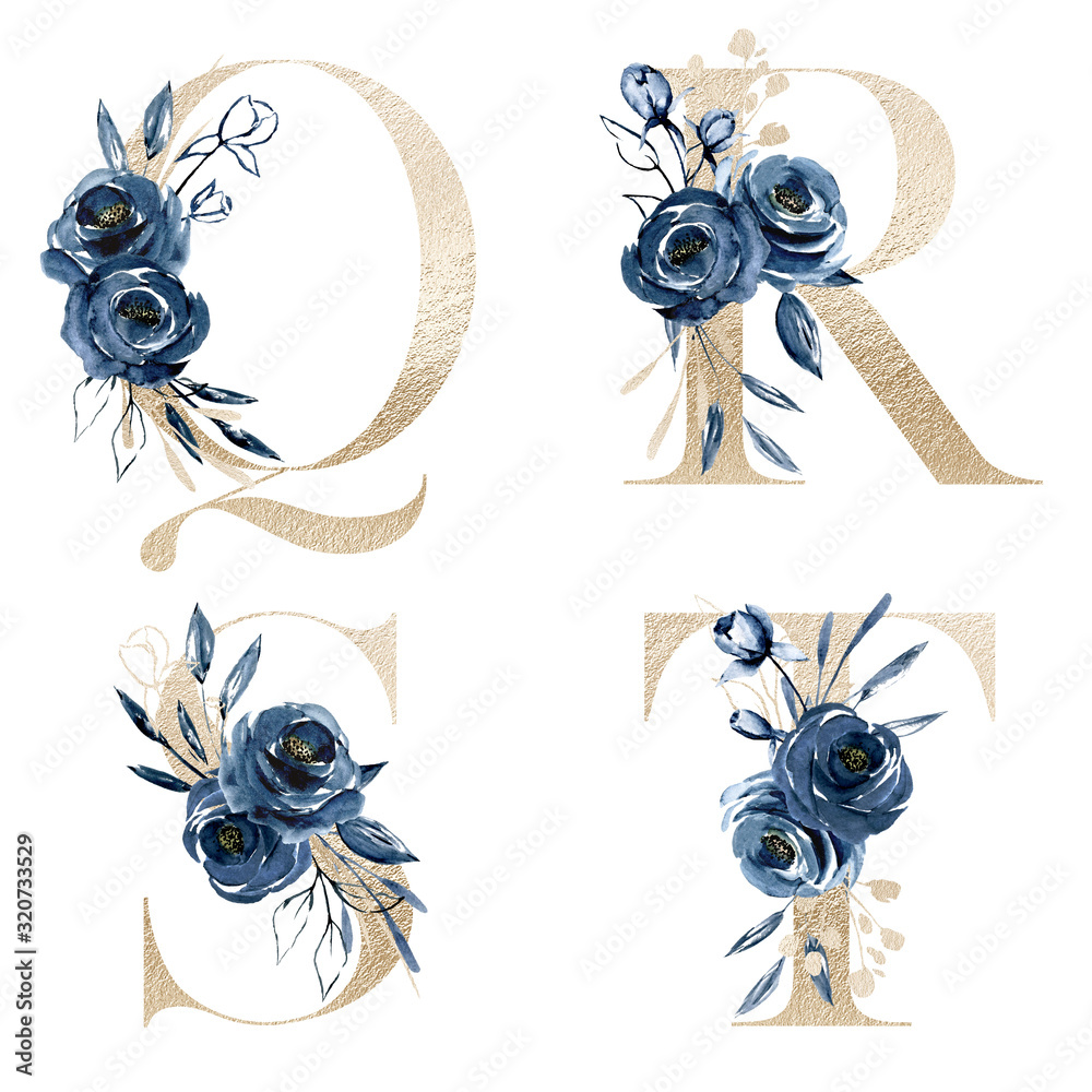 Gold alphabet, set letters with watercolor blue flowers roses and leaf ...