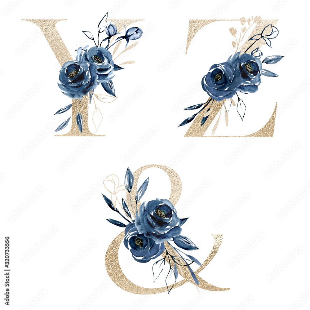 Gold alphabet, set letters with watercolor blue flowers roses and leaf ...