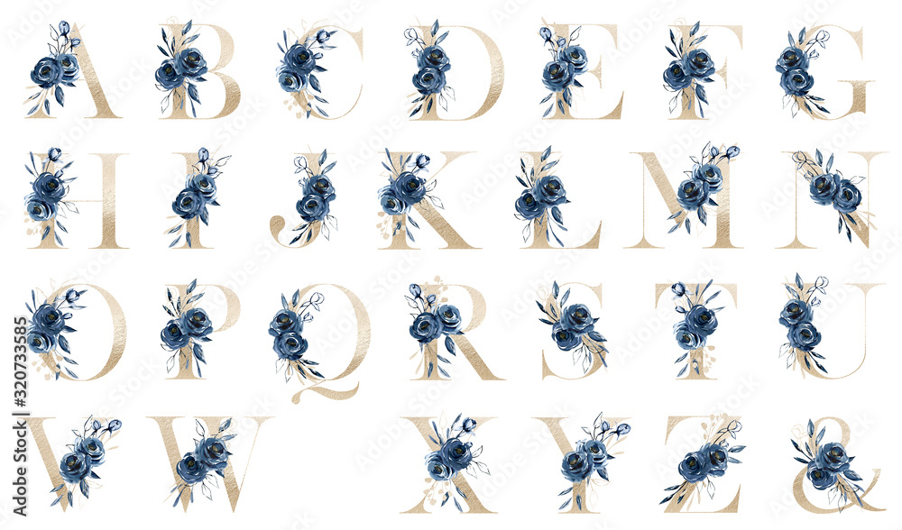 Gold alphabet, set letters with watercolor blue flowers roses and leaf ...