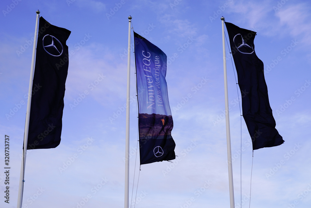 mercedes benz flags black in wind Mercedes-Benz EQC logo sign flag ...