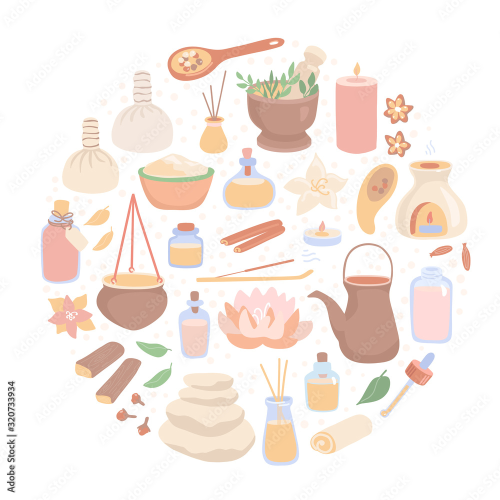 Vector illustration Ayurveda. Big set of Ayurvedic massage symbols ...