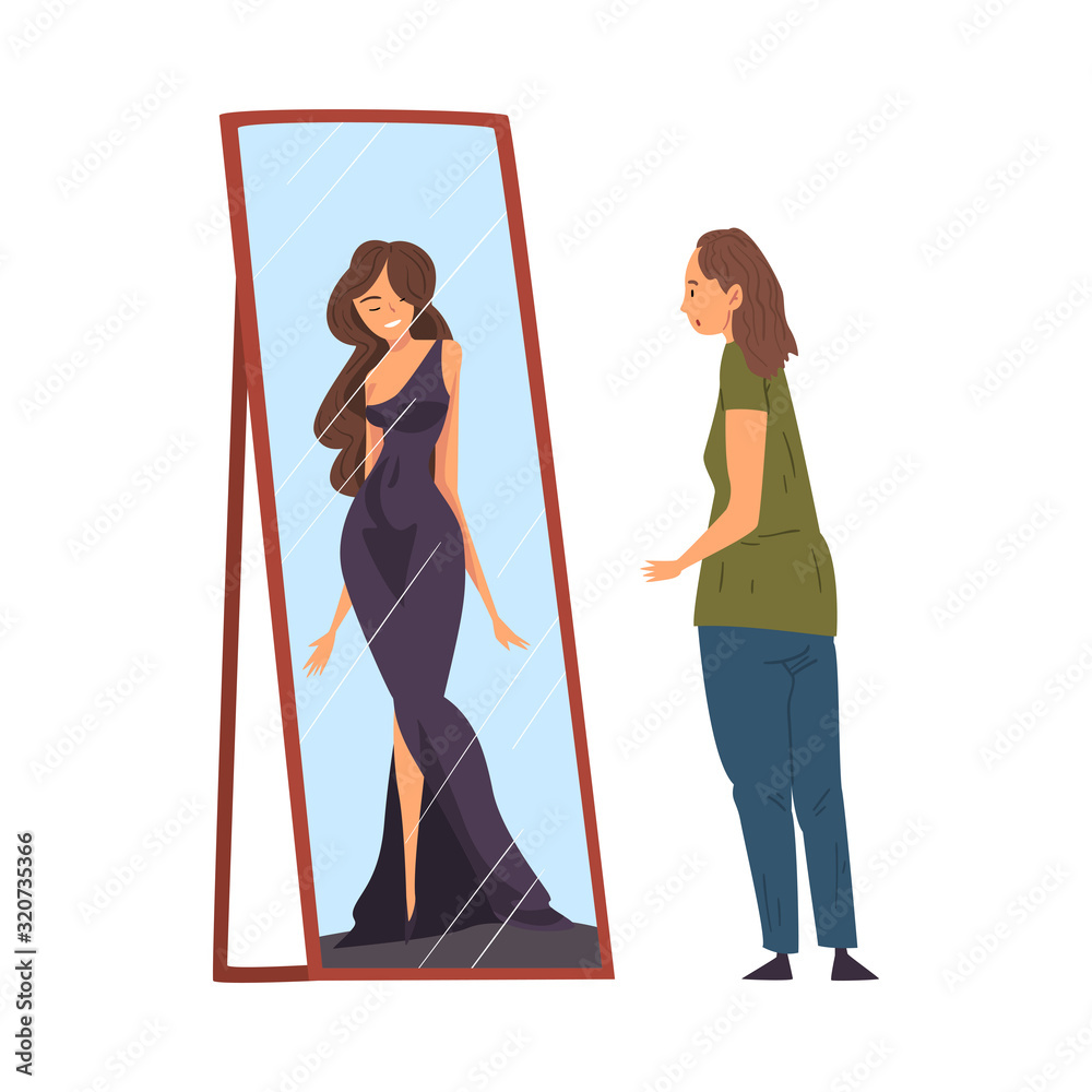 Overweight Woman Standing in Front of Mirror Looking at her Reflection ...