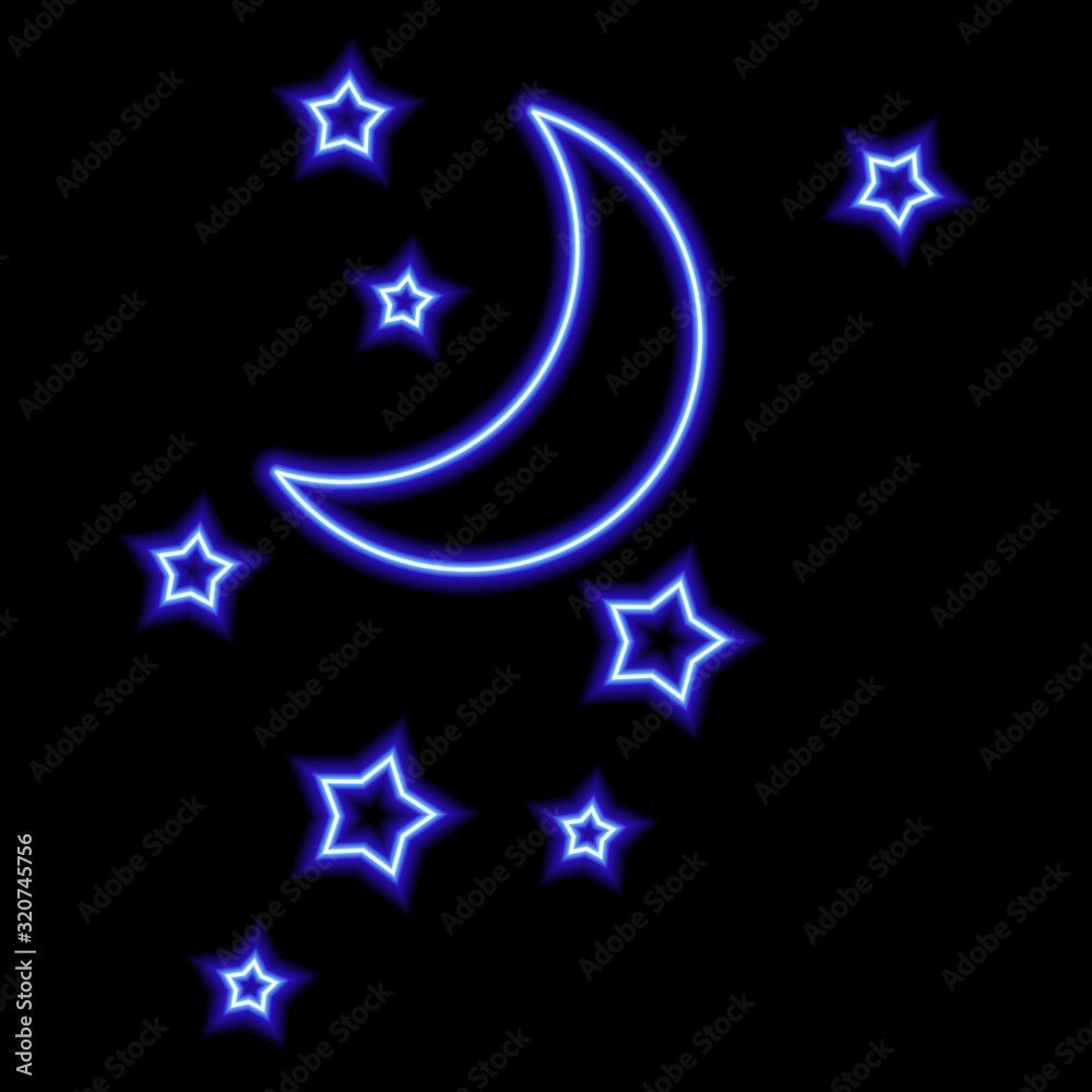 neon sign of blue moon and stars on black background Stock Illustration ...