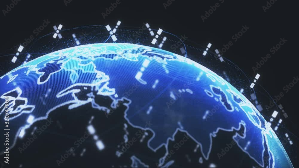 Digital model of rotating Earth with light lines of satellites orbits ...