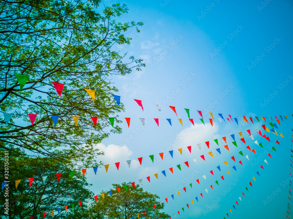 Colorful flags, colorful party decorations, small triangular flags to ...