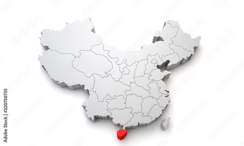 ภาพประกอบสต็อก Map of China showing Hainan regional area. 3D Rendering ...