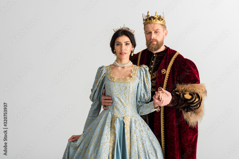 handsome king hugging queen with crown isolated on grey Stock Photo ...