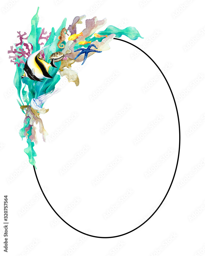 Oval frame of underwater reef elements, coral, starfish, seaweed ...