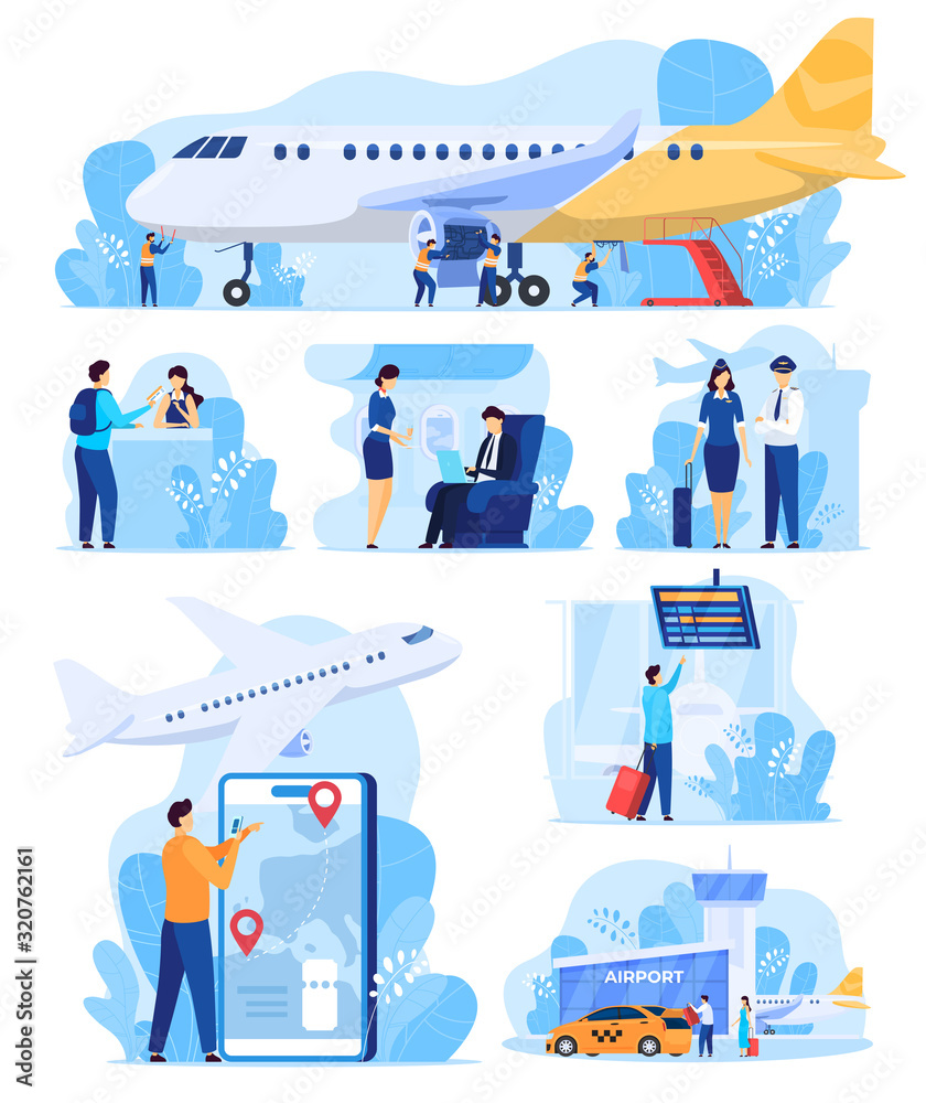 Vektorová grafika „Airline services, people in airport, staff and ...
