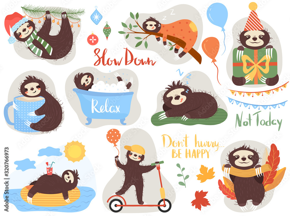Lazy sloth, cute animal cartoon character, vector illustration. Set of ...