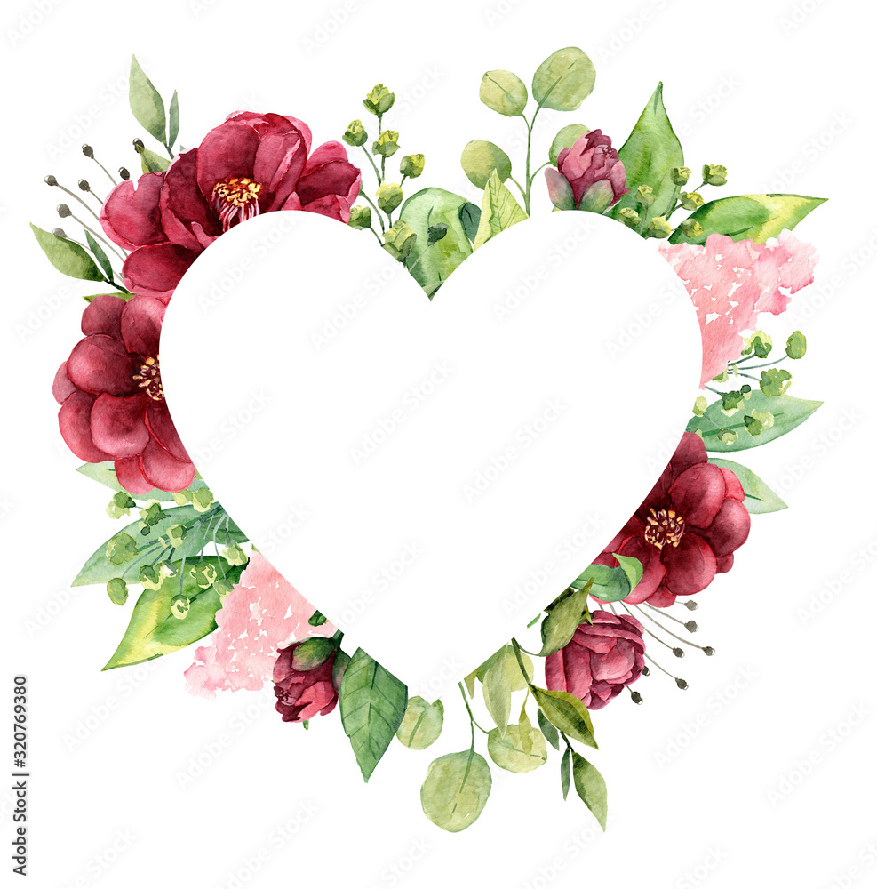 Watercolor green botanical heart shaped frame with burgundy flowers ...
