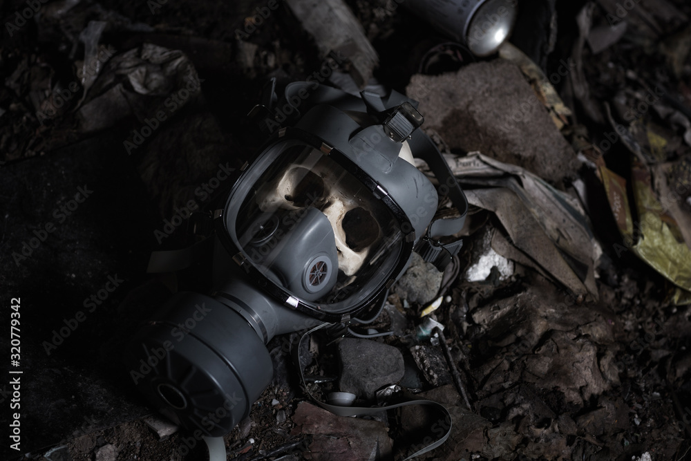 Human skull in gas mask. Environmental Disaster. Post Apocalyptic ...