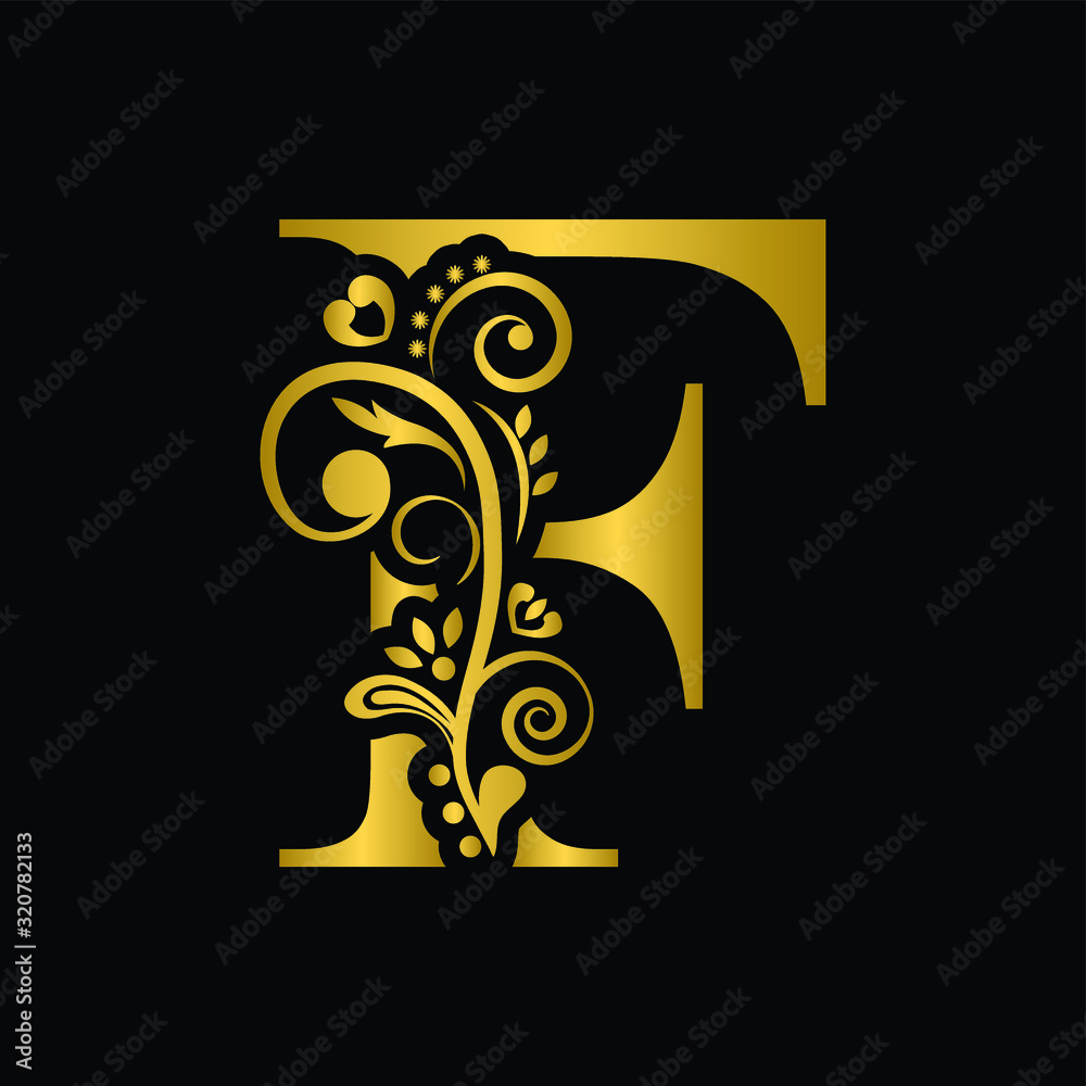 Gold letter F. Vintage golden flower ornament initial letters. Alphabet ...