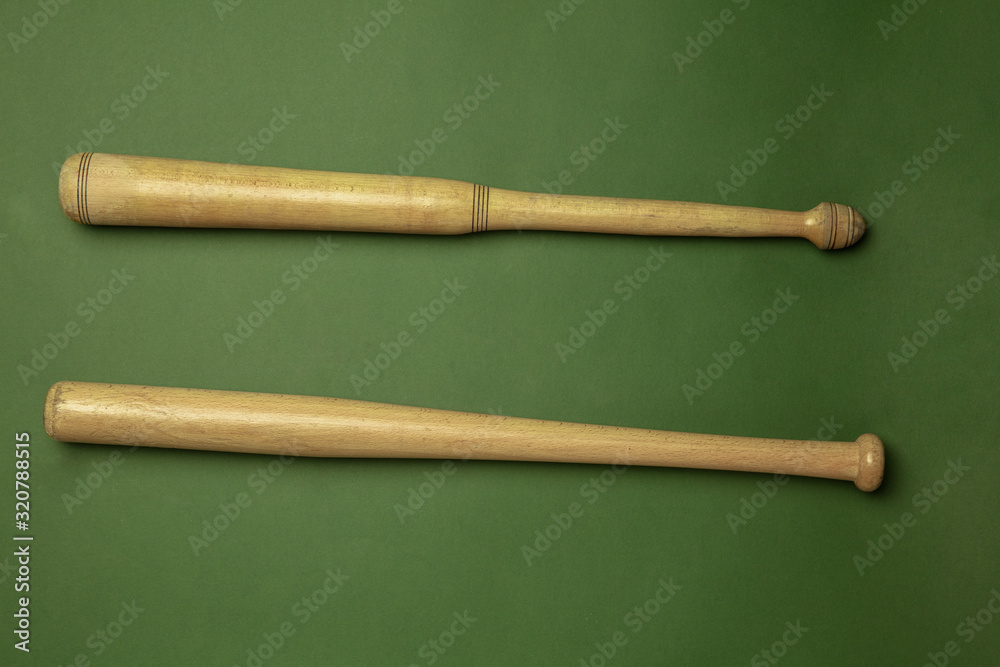Bright wooden bat. Professional sport equipment isolated on green ...
