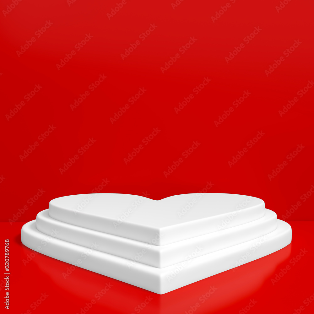 White heart shaped podium stage backdrop on red background for product ...