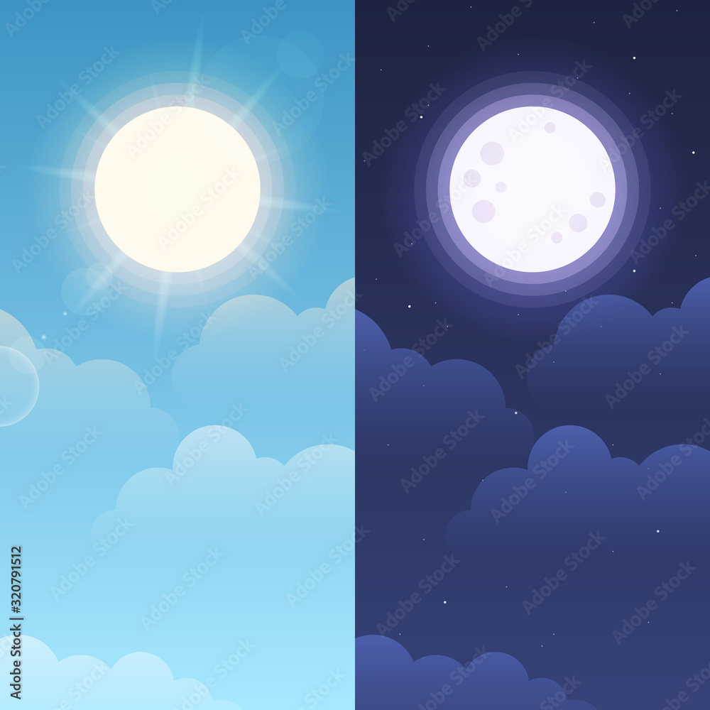 Day and night sky illustration with sun, clouds, moon and stars ...