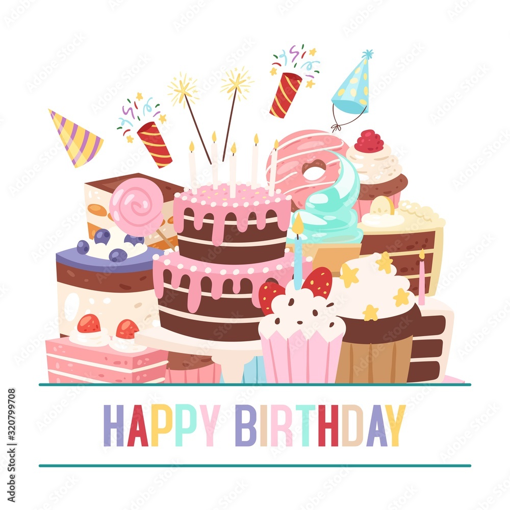 Happy birthday sweets festive banner vector illustration. Happy ...