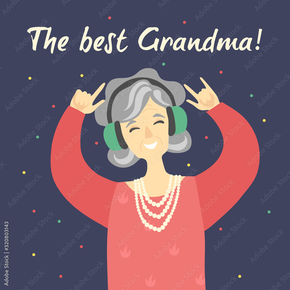 Cool modern funny grandmother is listening music. Vector flat cartoon ...