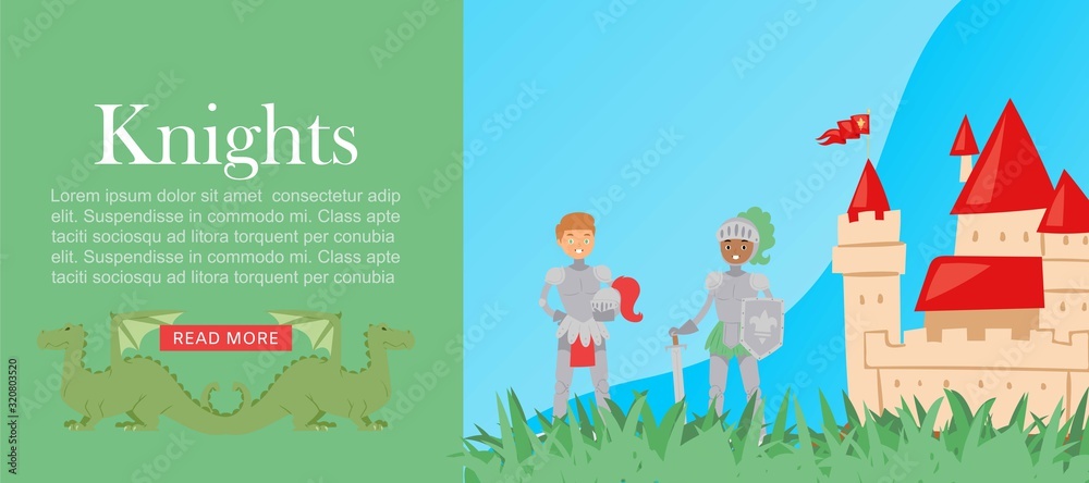 Cartoon multiracial knights in full body armor suits and castle for ...