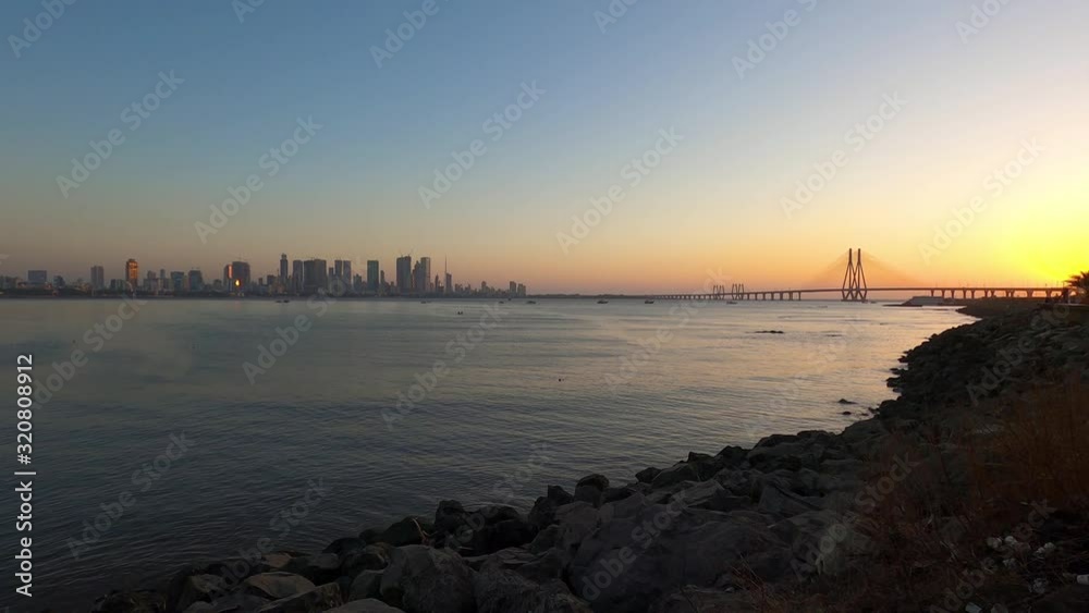 Real time Wide angle footage of beautiful city skyline and bandra worli ...
