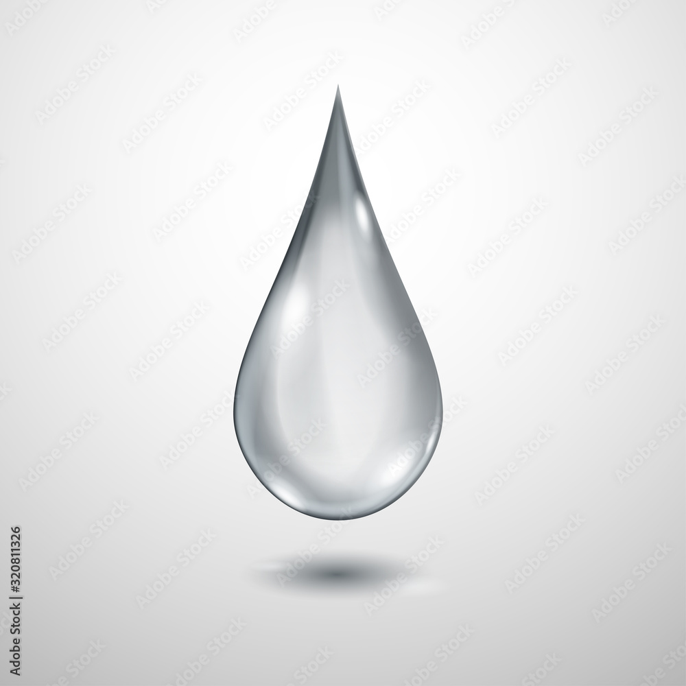 One big realistic translucent water drop in gray colors with shadow ...