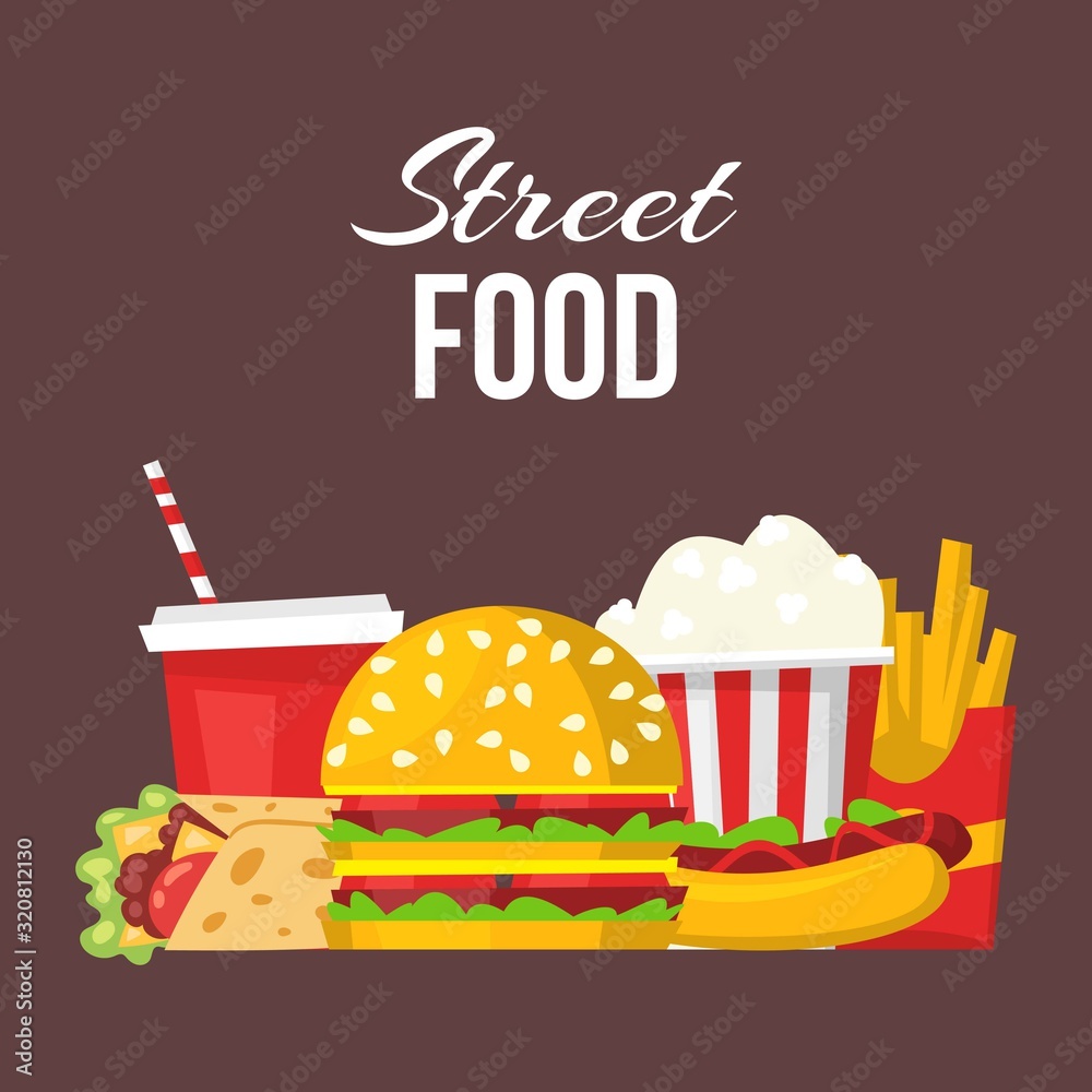 Vektorová grafika „Street fast food posters or banner vector cartoon ...