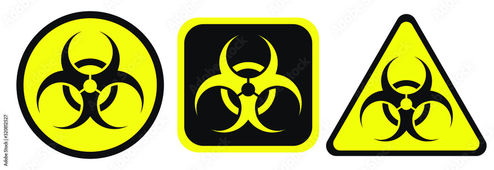 Biohazard warning black and yellow signs in circle, square and triangle ...