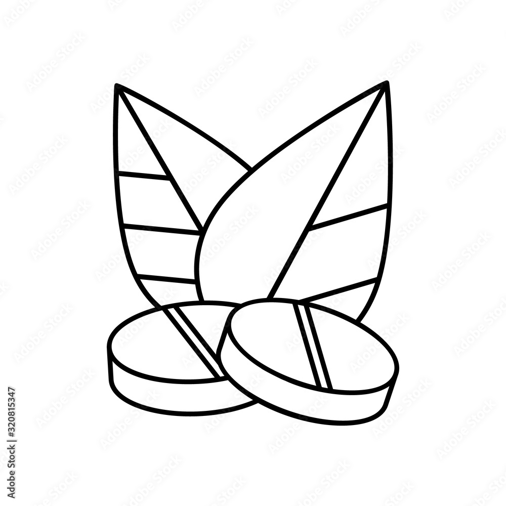 Two round tablets with leaves icon. Linear medicine logo. Black simple ...