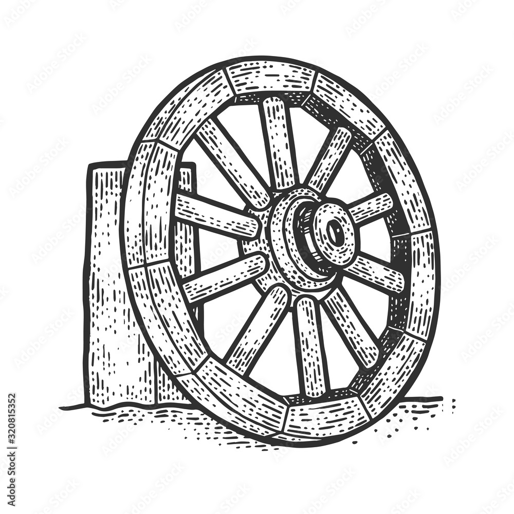 Wooden cart wheel on the side of the road sketch engraving vector ...