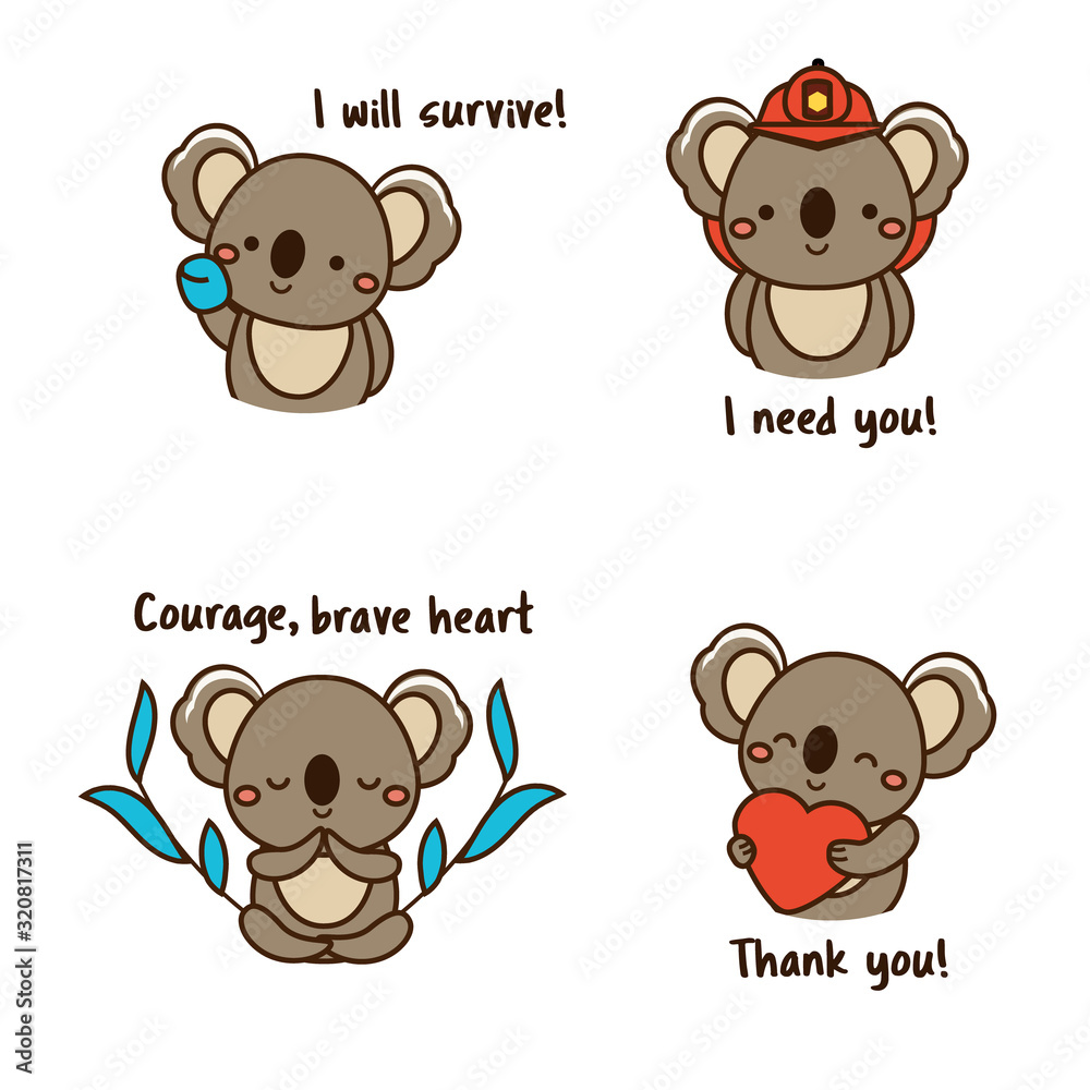 Koala icons with motivational slogans. Pray for Australia concept ...