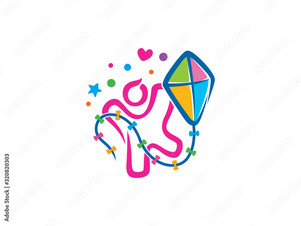 Children playing kites logo template design, emblem, symbol or icon ...