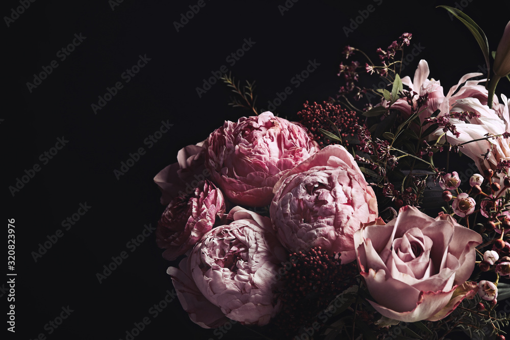 Beautiful bouquet of different flowers on black background. Floral card ...