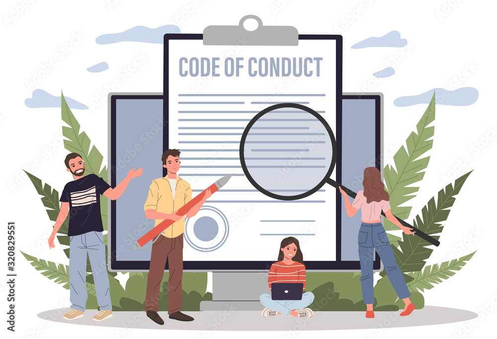 Business people studying code of conduct paper vector illustration ...