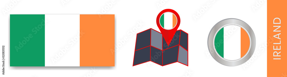 Collection of Irish national flags isolated in official colors and pin ...