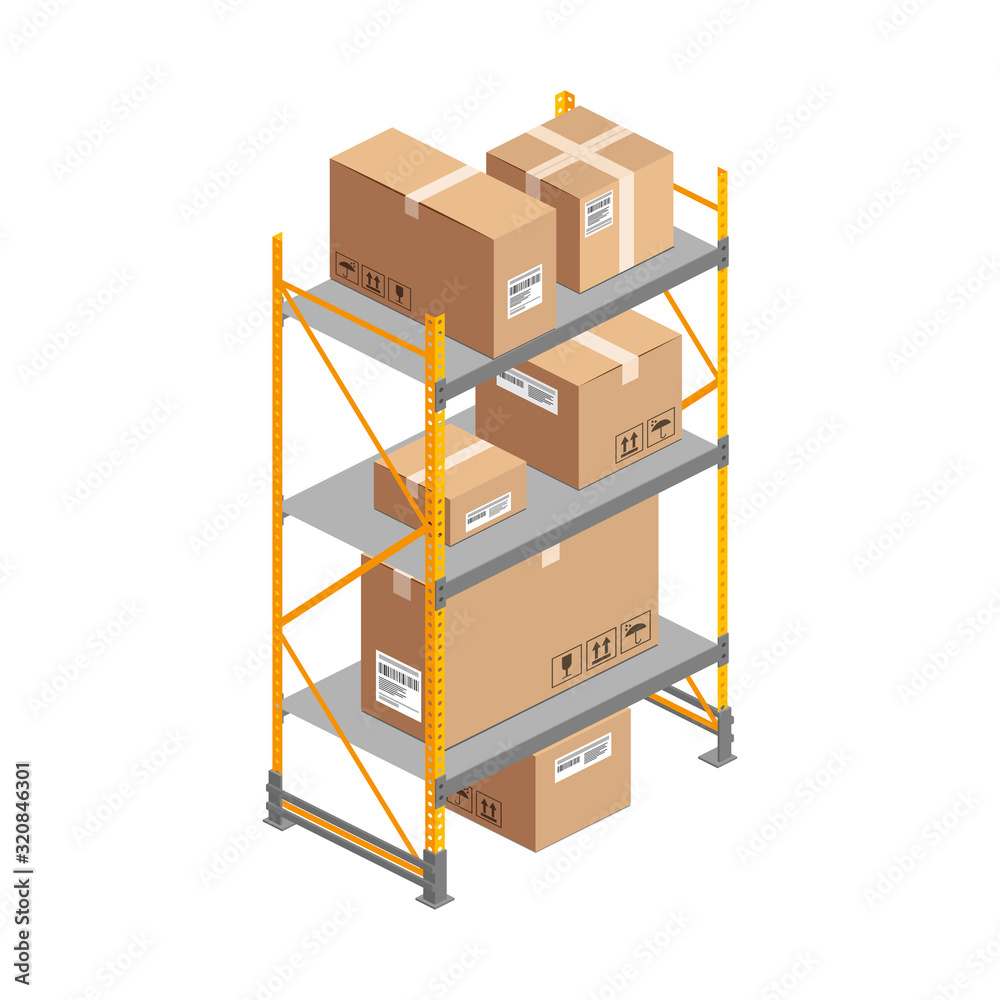 Isometric warehouse metallic rack with cardboard boxes isolated on ...
