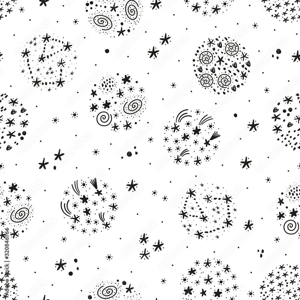 Space Seamless Vector Pattern with Doodle Planet and Stars. Cartoon ...