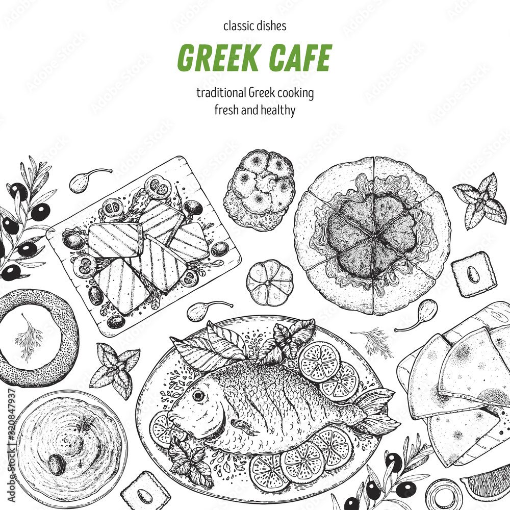 Greek cuisine top view frame. A set of greek dishes with halloumi ...