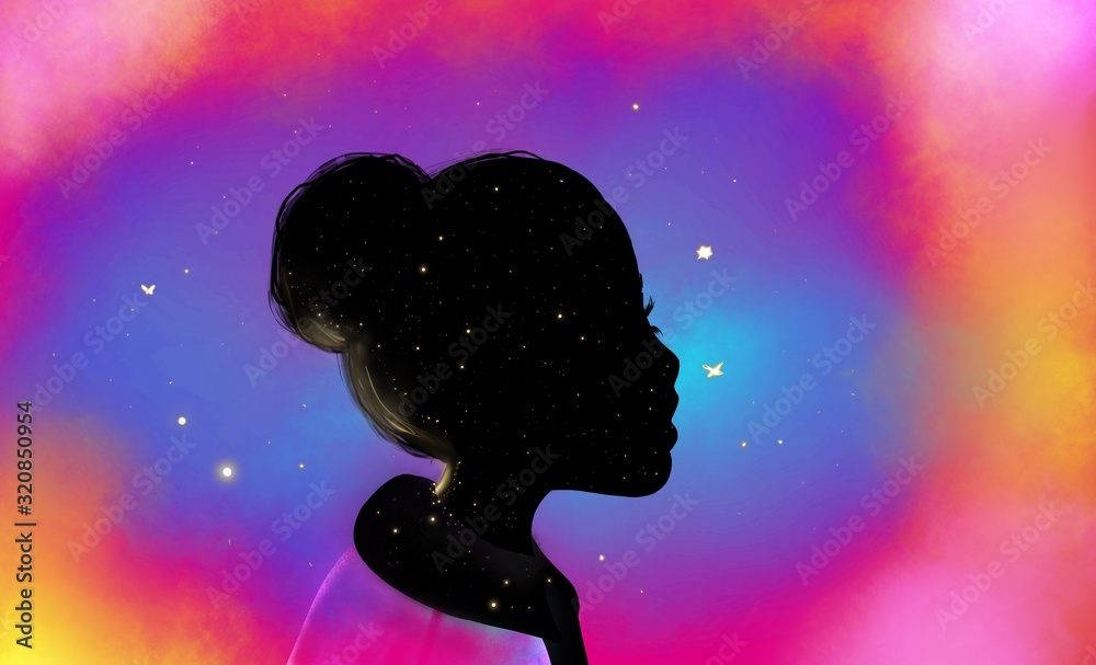 Little girl dreaming at night stars childrens silhouette on night blue ...