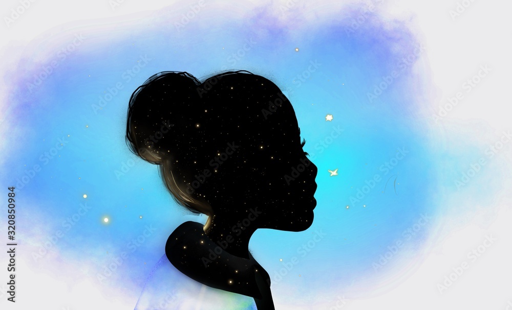 Little girl dreaming at night stars childrens silhouette on night blue ...