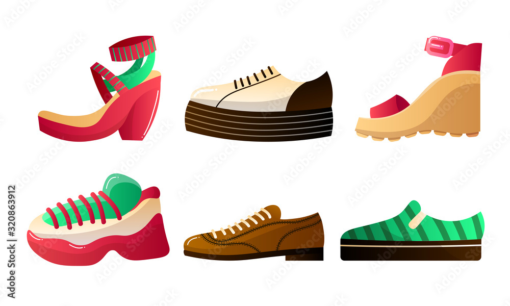 Set of different colorful types of shoes. Vector illustration in flat ...