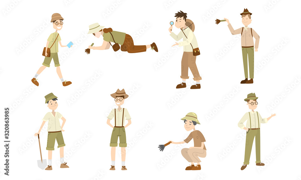 Set of different cartoon archaeologist characters at work. Vector ...