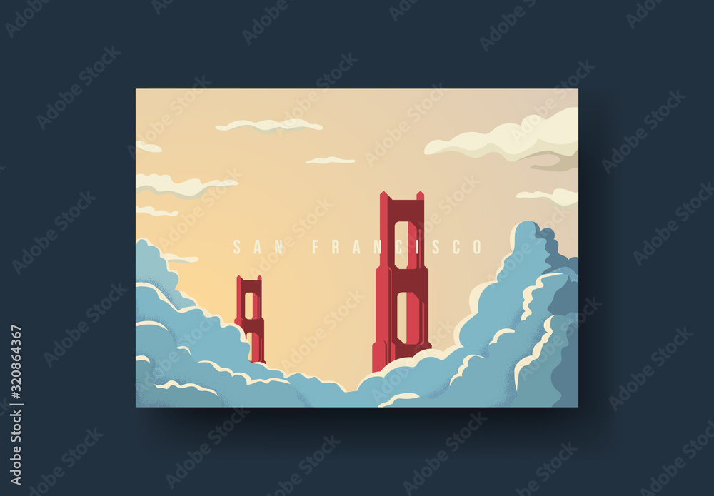 Vintage Style Postcard Layout with Red Bridge Illustration Stock ...