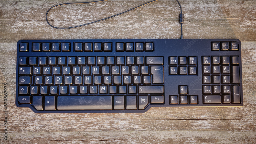 pc keyboard on a table with worn natural wood - 3D Rendering Stock ...