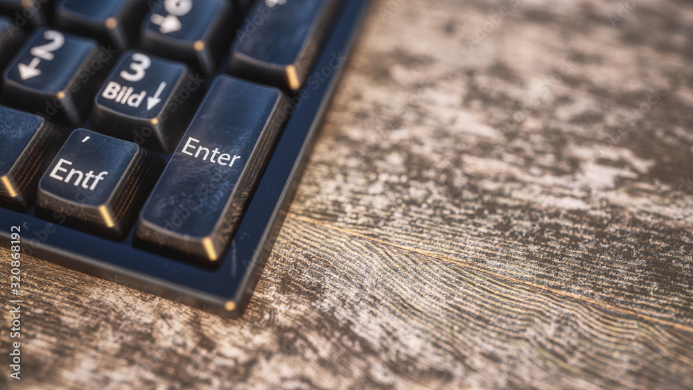 pc keyboard on a table with worn natural wood - 3D Rendering Stock ...