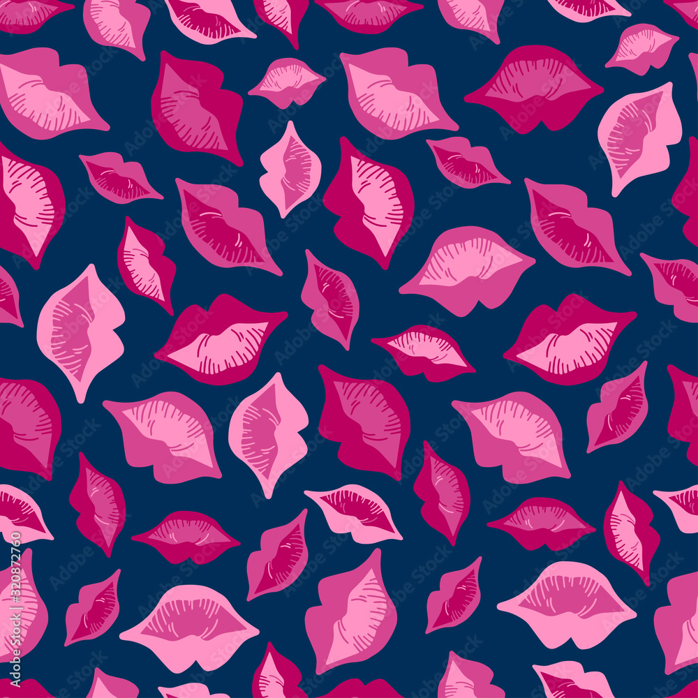 Seamless vector pattern with kiss marks on blue background. The design ...