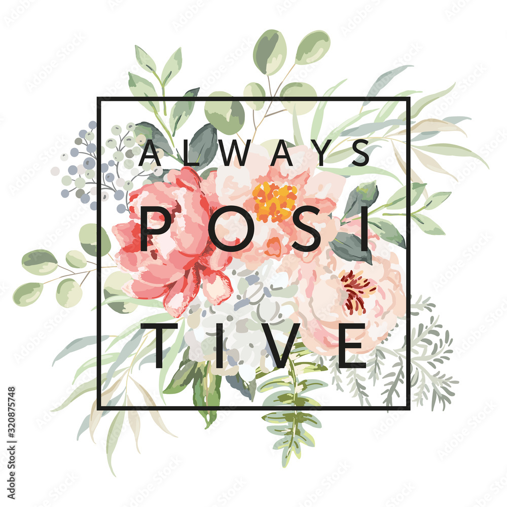 Poster Bouquets de roses roses, fleurs de pivoines, fougères, feuilles ...