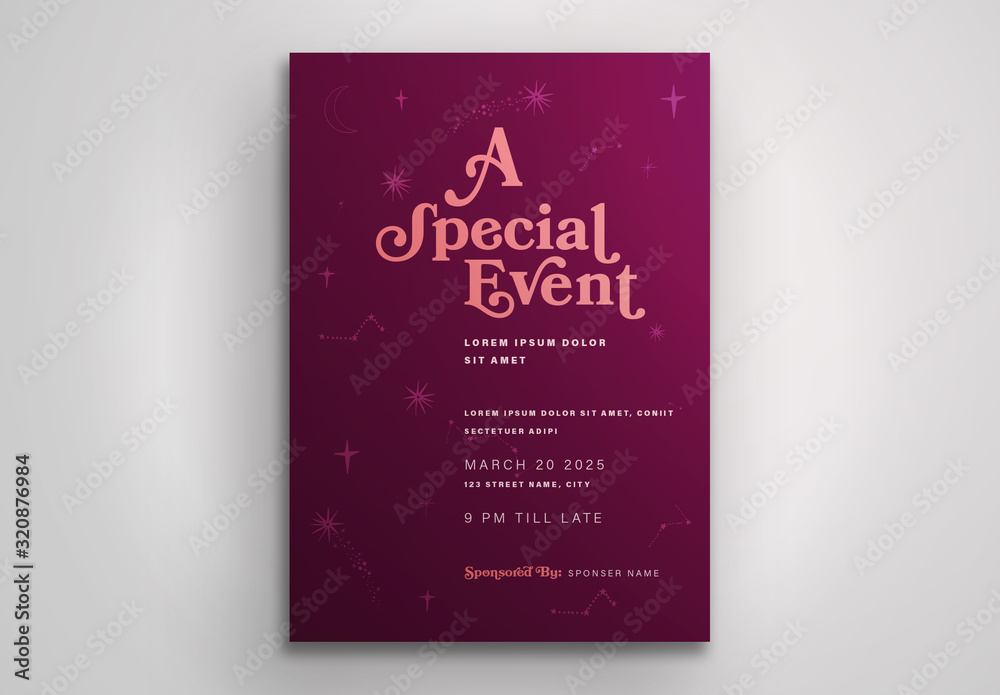 Purple Event Poster Layout with Shooting Star Pattern Element Stock ...